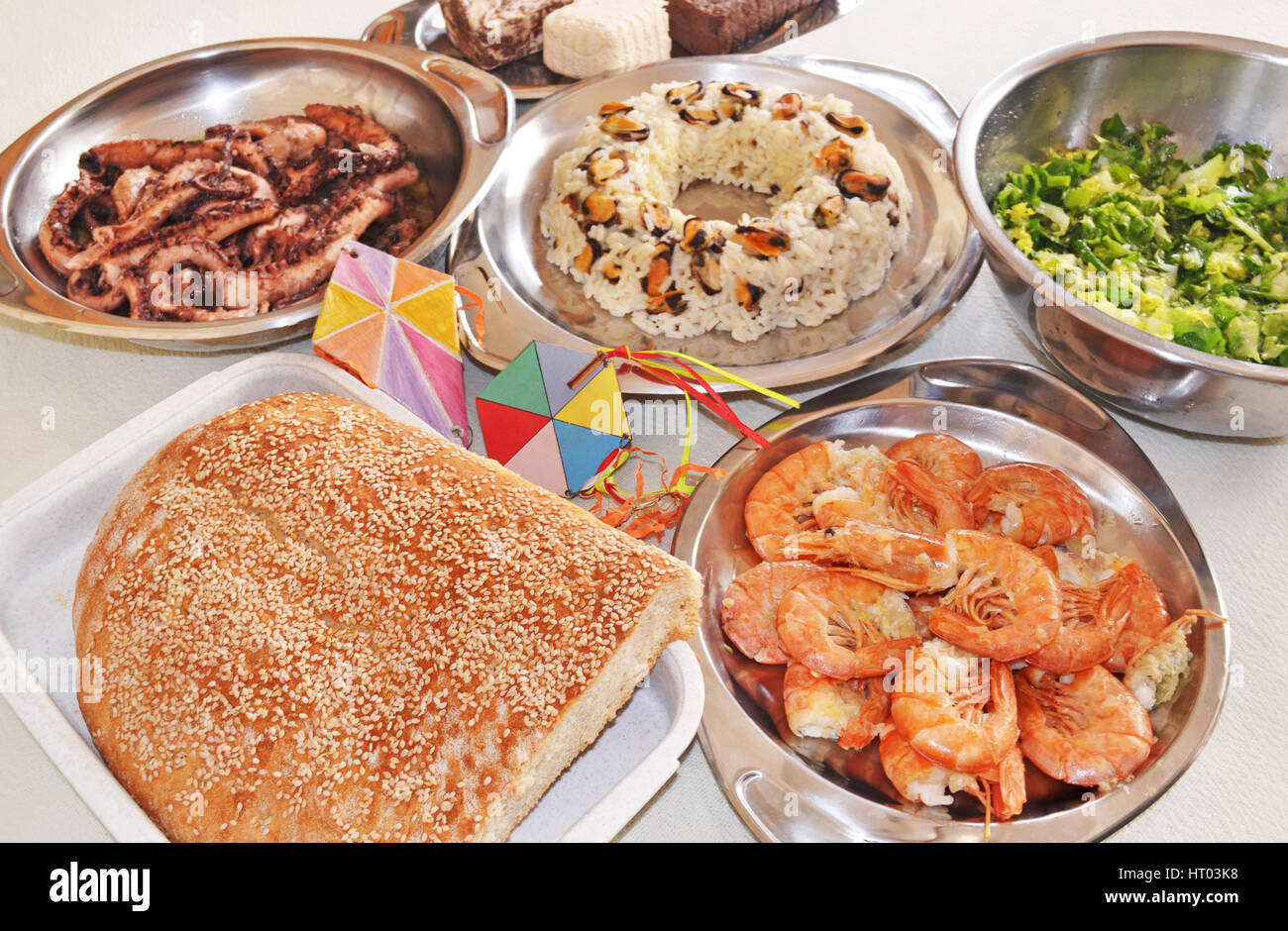 Clean Monday food - lagana bread - seafood - greek halvah Stock Photo ...