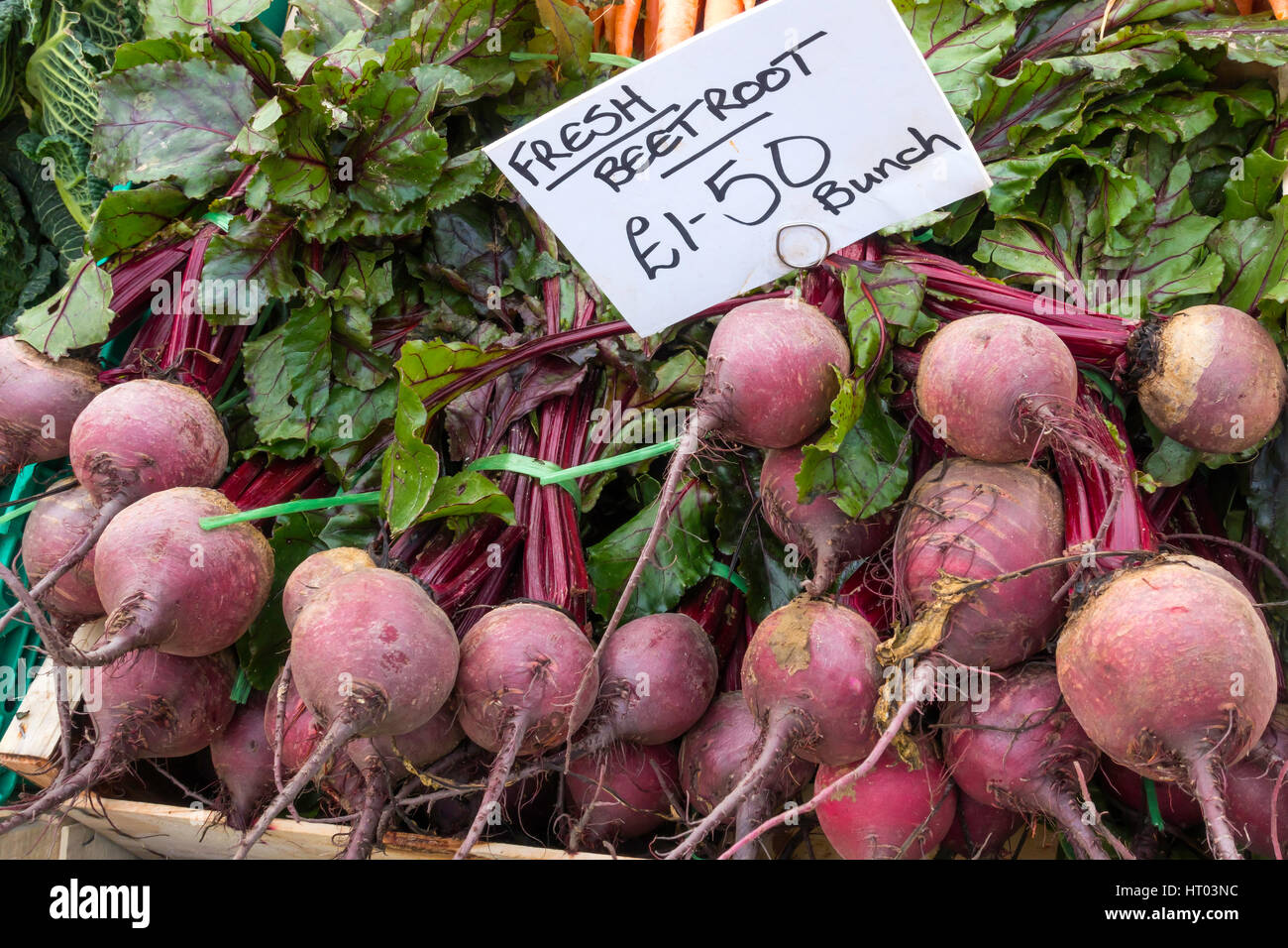 Fresh Beetroot for sale on a Yorkshire Greengrocers Market Stall Stock ...