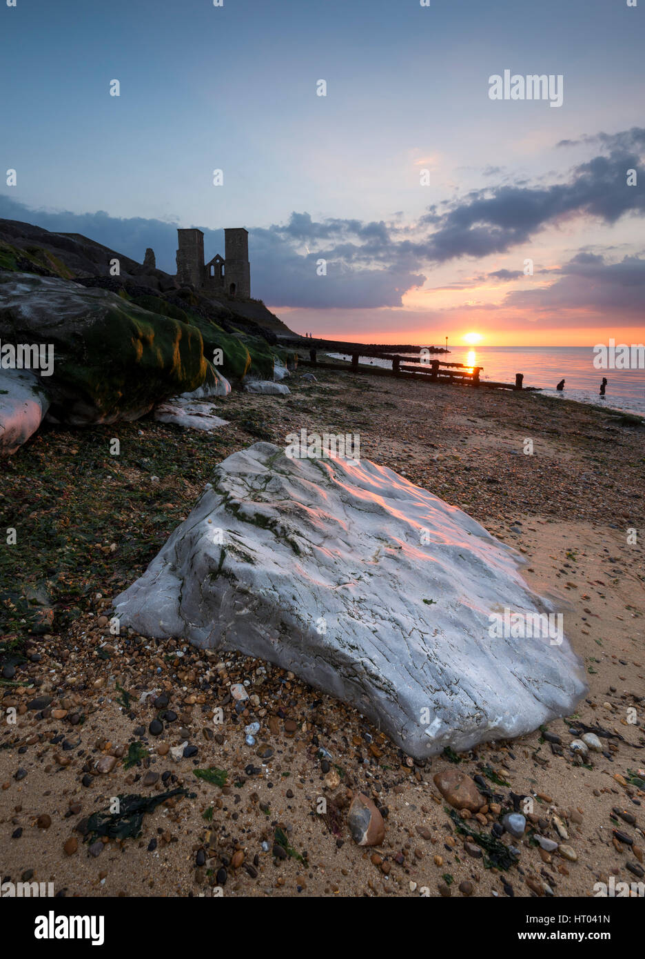 The Reculver Towers and Roman Fort on the North Kent coast at sunset ...