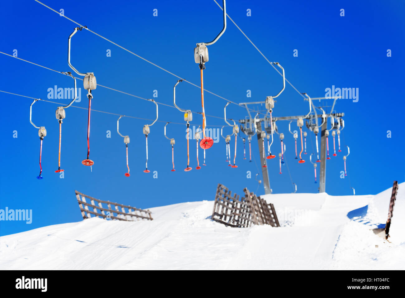 Empty button lifts on the ropeway of ski resort in wintertime Stock ...