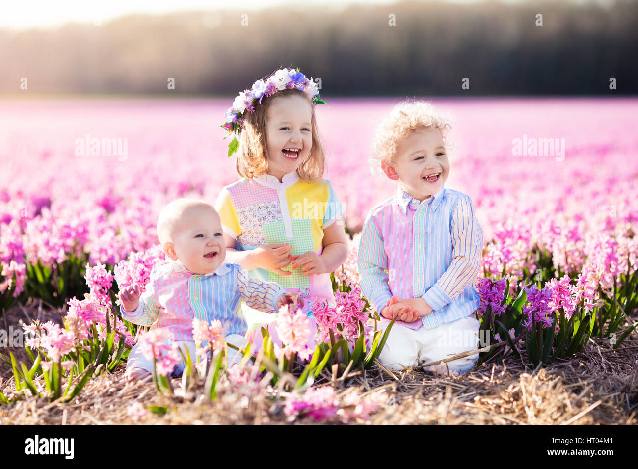 Three children playing in beautiful hyacinth flower field. Little girl ...