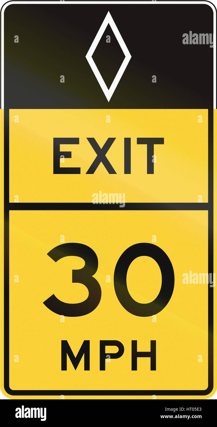 United States MUTCD road sign - Exit with advisory speed limit Stock ...