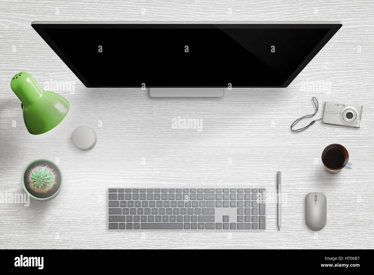 Modern home desk workplace. Computer display with keyboard, mouse, pen ...