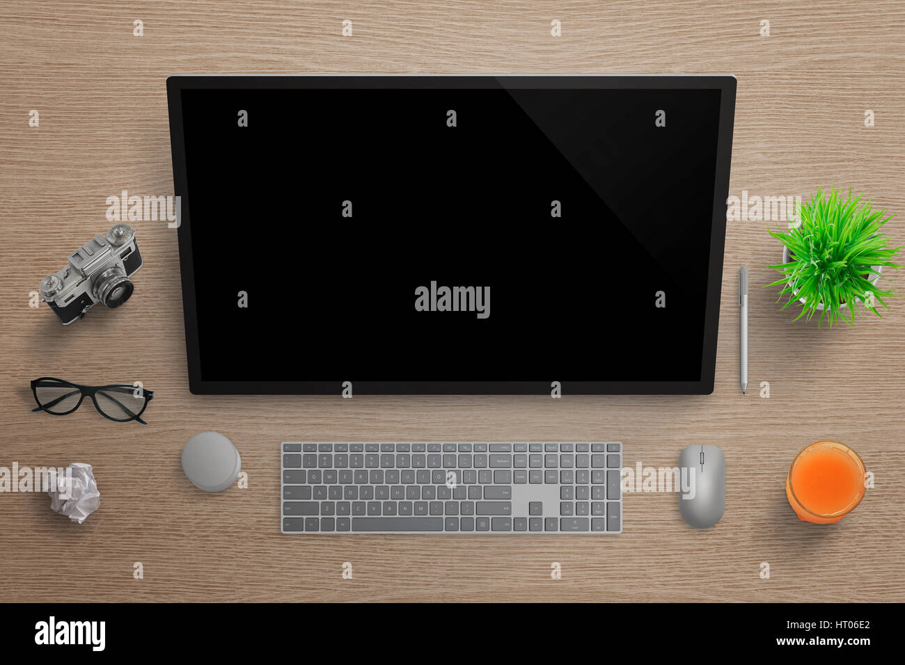 Artist, graphic designer studio with studio touch screen. Top view with ...