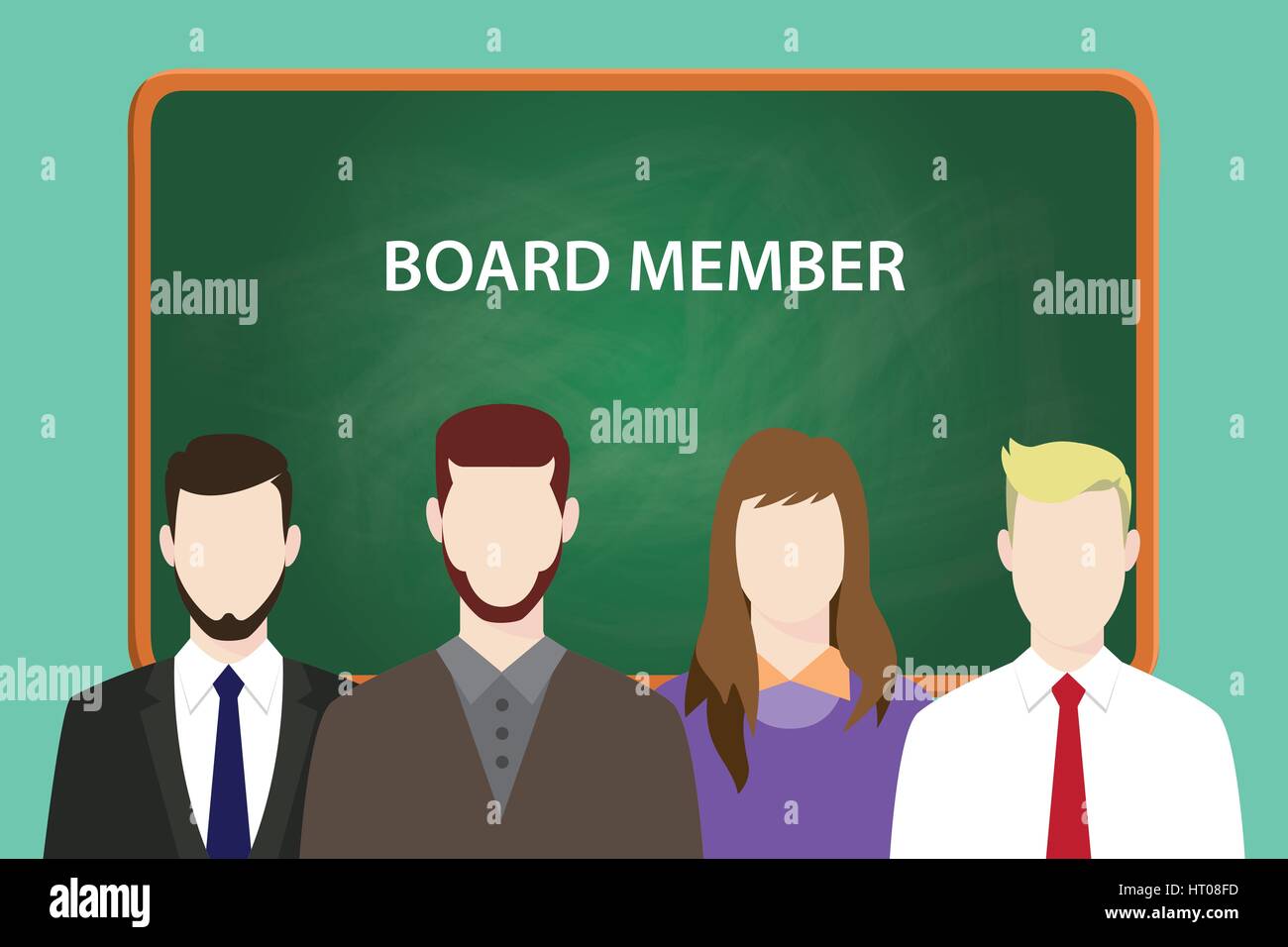 board member white text illustration with four people standing in front ...