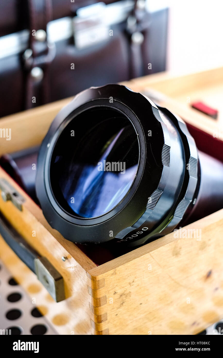 Professional projector lenses in wooden storage box Stock Photo - Alamy