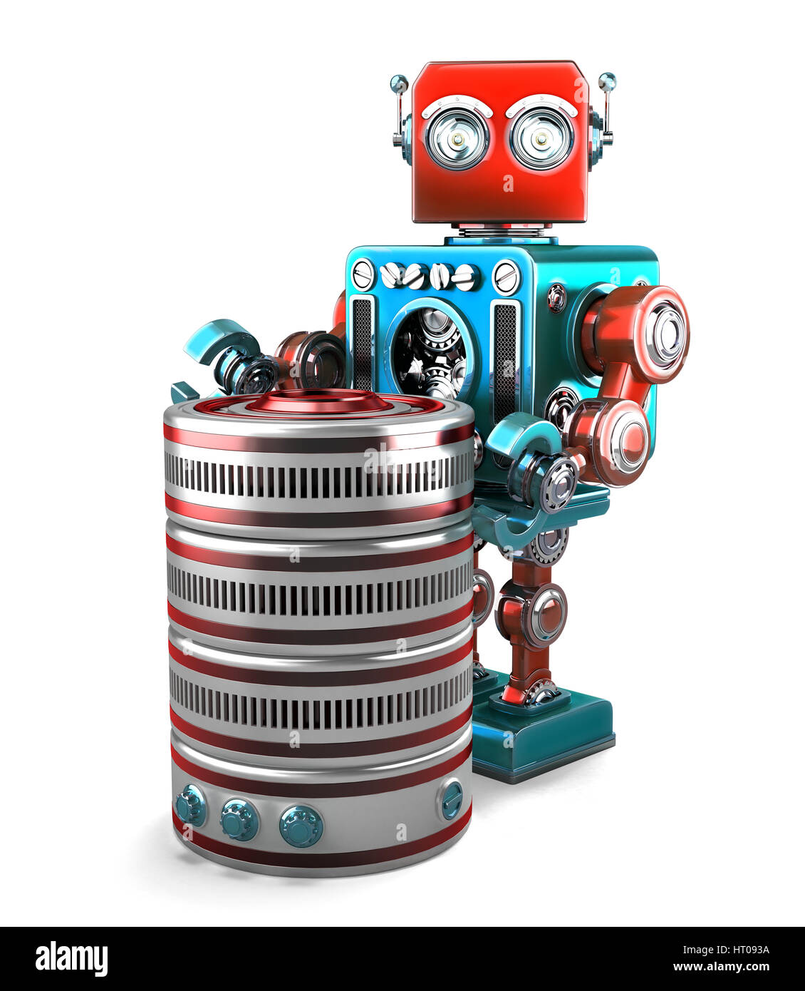 3D Retro Robot with database. Technology concept. Isolated over white ...