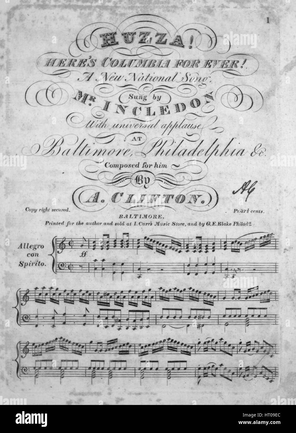 Sheet music cover image of the song 'Huzza! Here's Columbia Forever! A ...