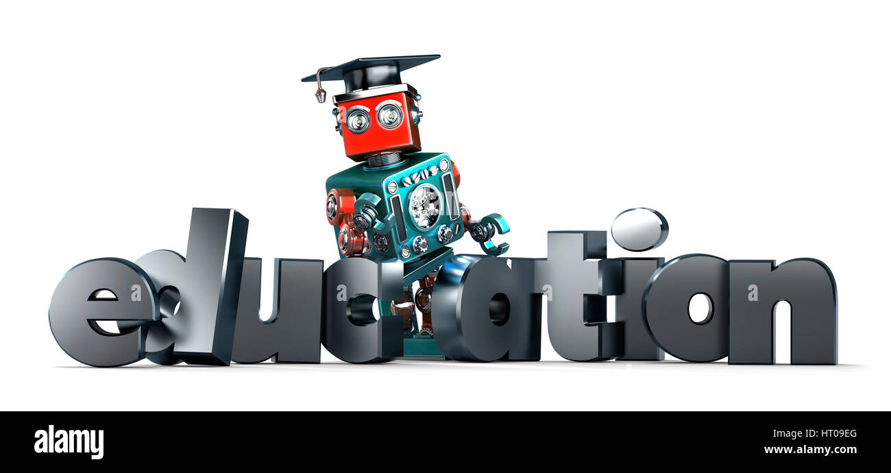 Retro robot with EDUCATION sign. Technology concept. Isolated over ...
