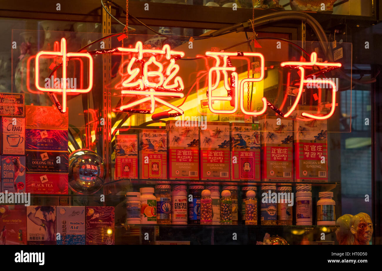 Neon sign in the window of a tea shop vitamin store in Chinatown in New ...