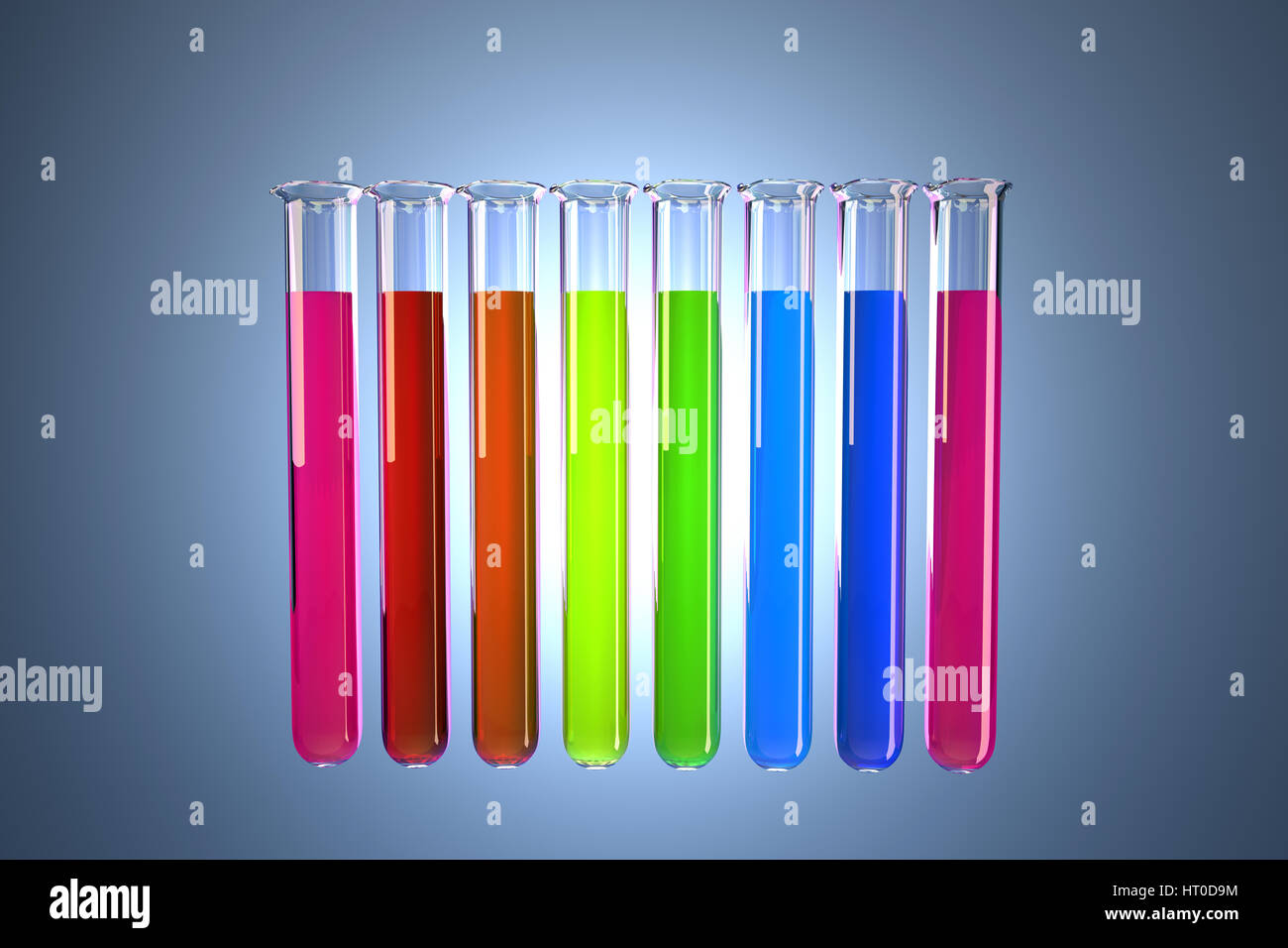 Multi coloured test tubes. 3D illustration. Contains clipping path ...