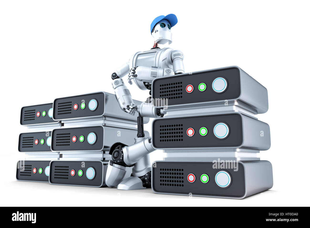 Robot with a stack of servers, hosting concept. Isolated over white ...