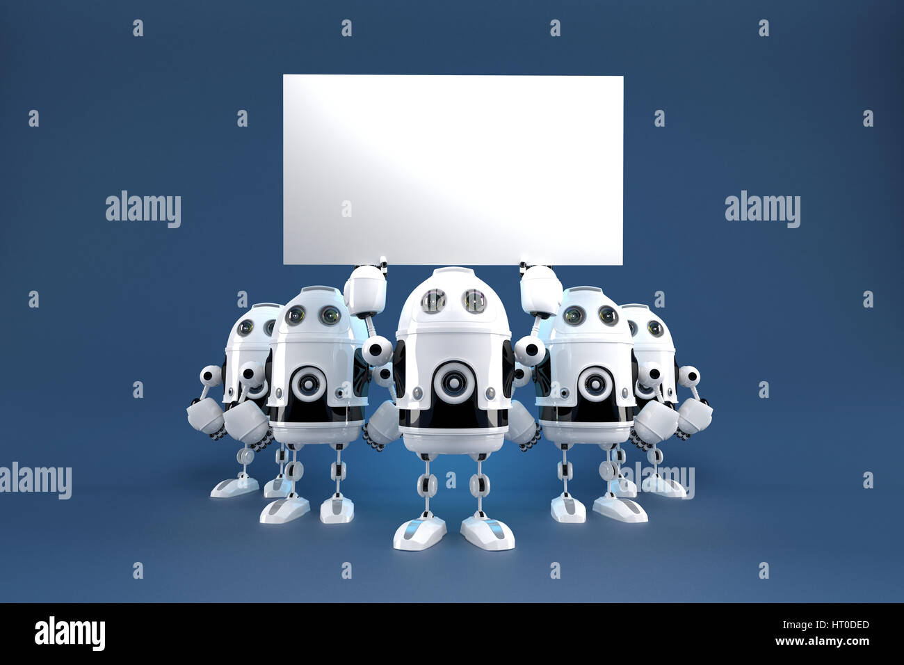 Group of robots with blank board. 3d illustration. Contains clipping ...
