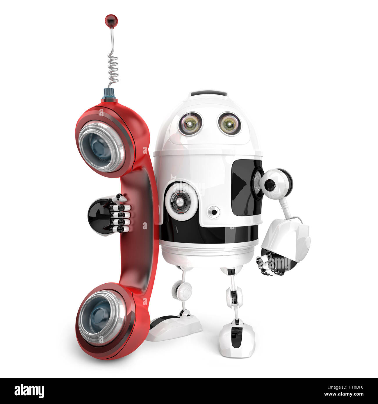 3d Robot with red phone tube. Telecommunication concept. Isolated ...