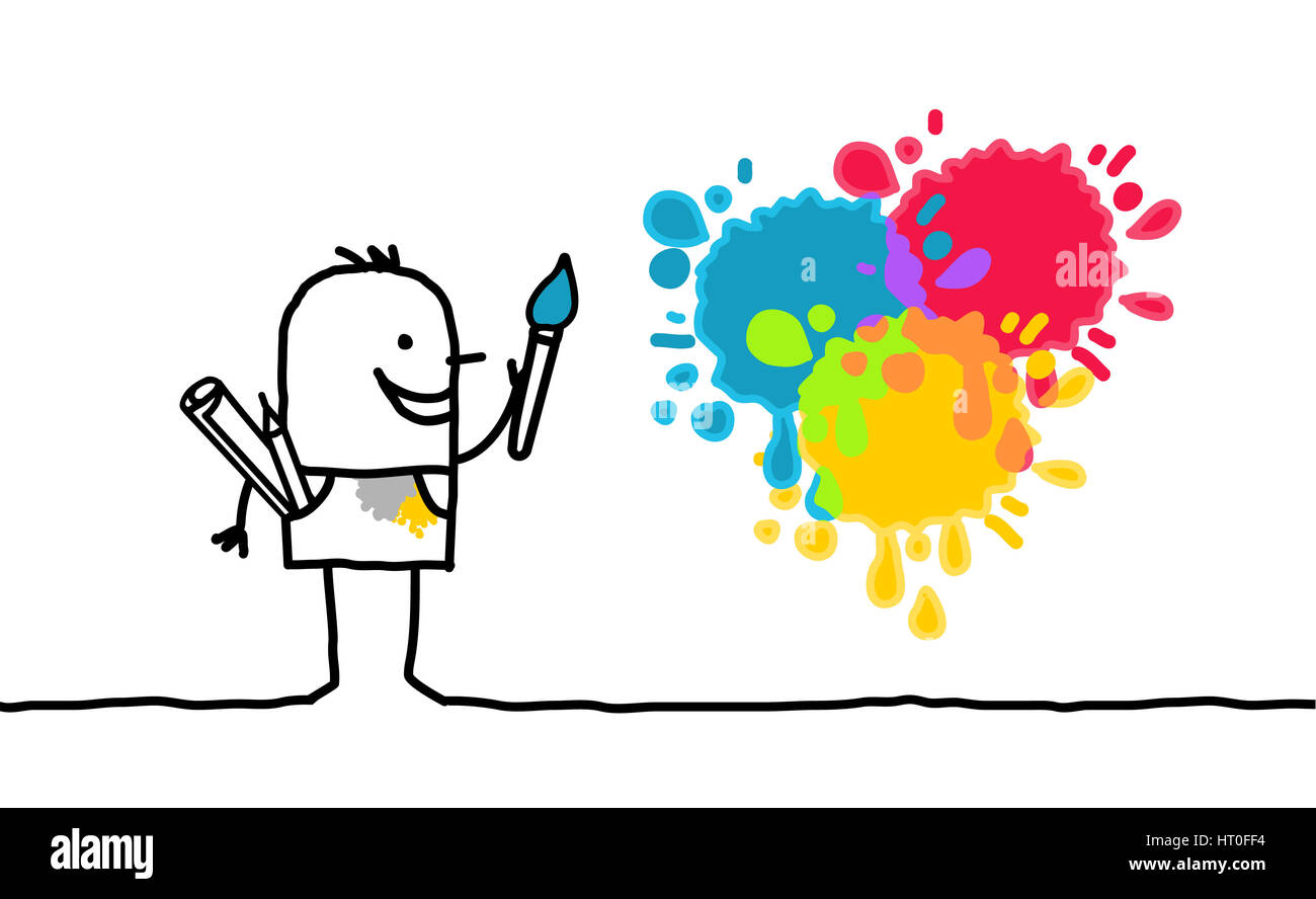 hand drawn cartoon characters - artist and colors Stock Photo - Alamy