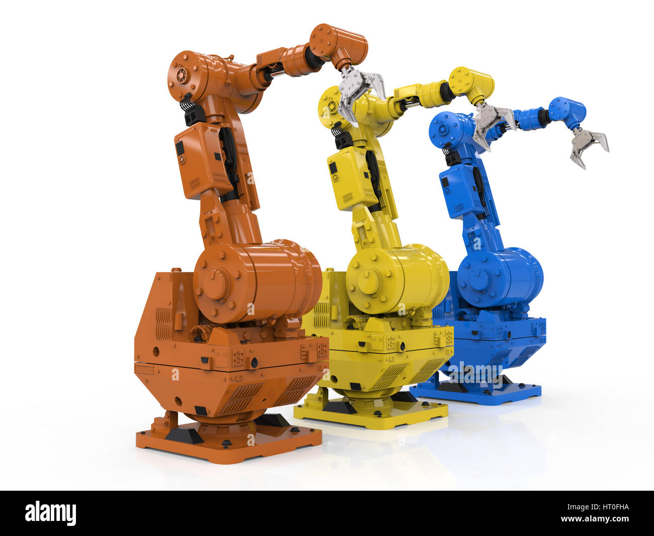 3d rendering three robotic arms in a row Stock Photo - Alamy