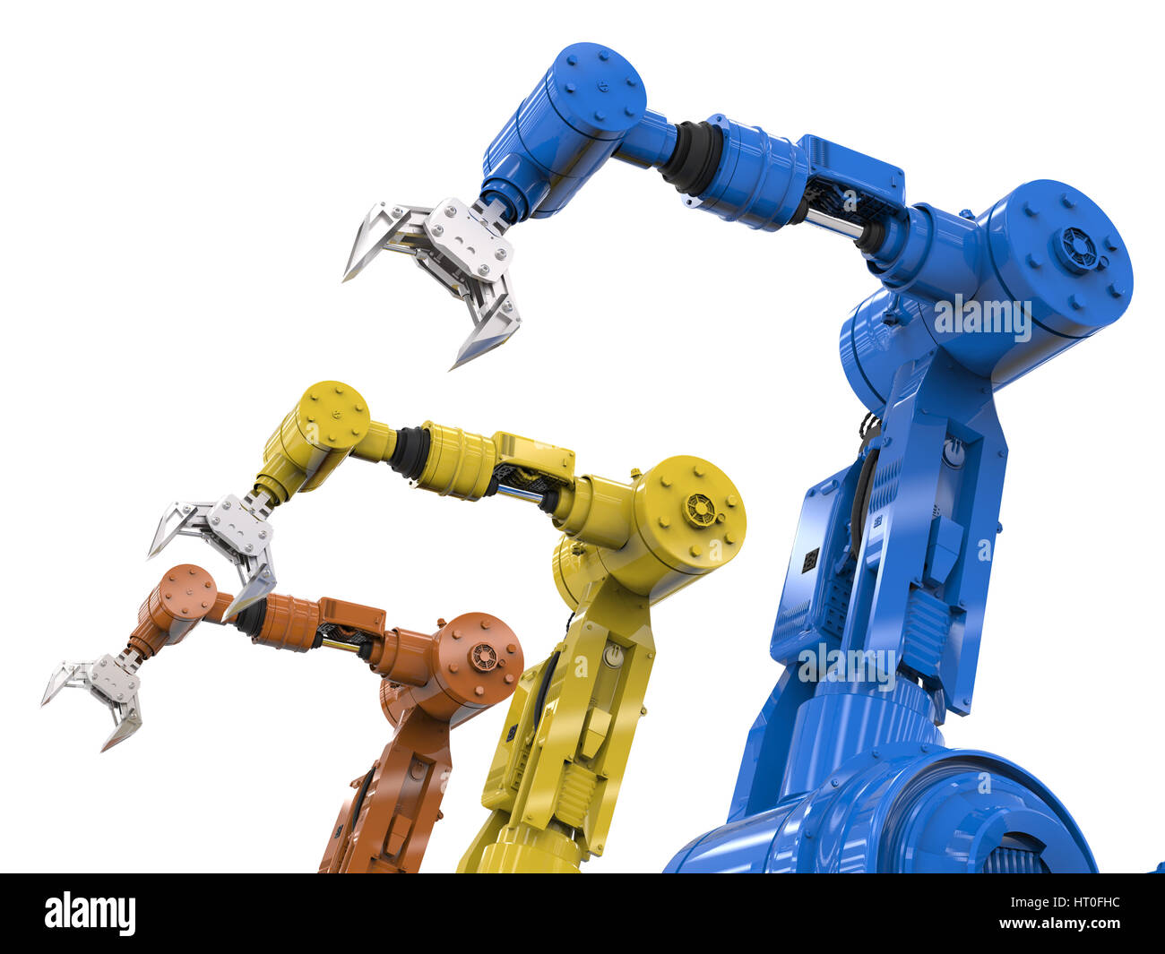3d rendering three robotic arms in a row Stock Photo - Alamy