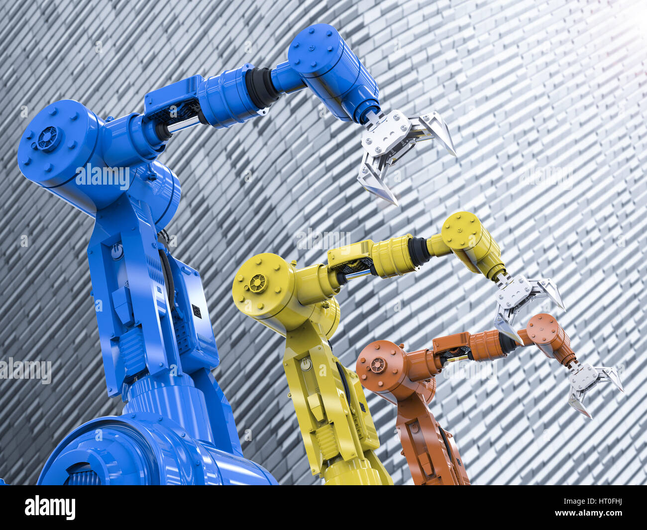 3d rendering three robotic arms in a row Stock Photo - Alamy