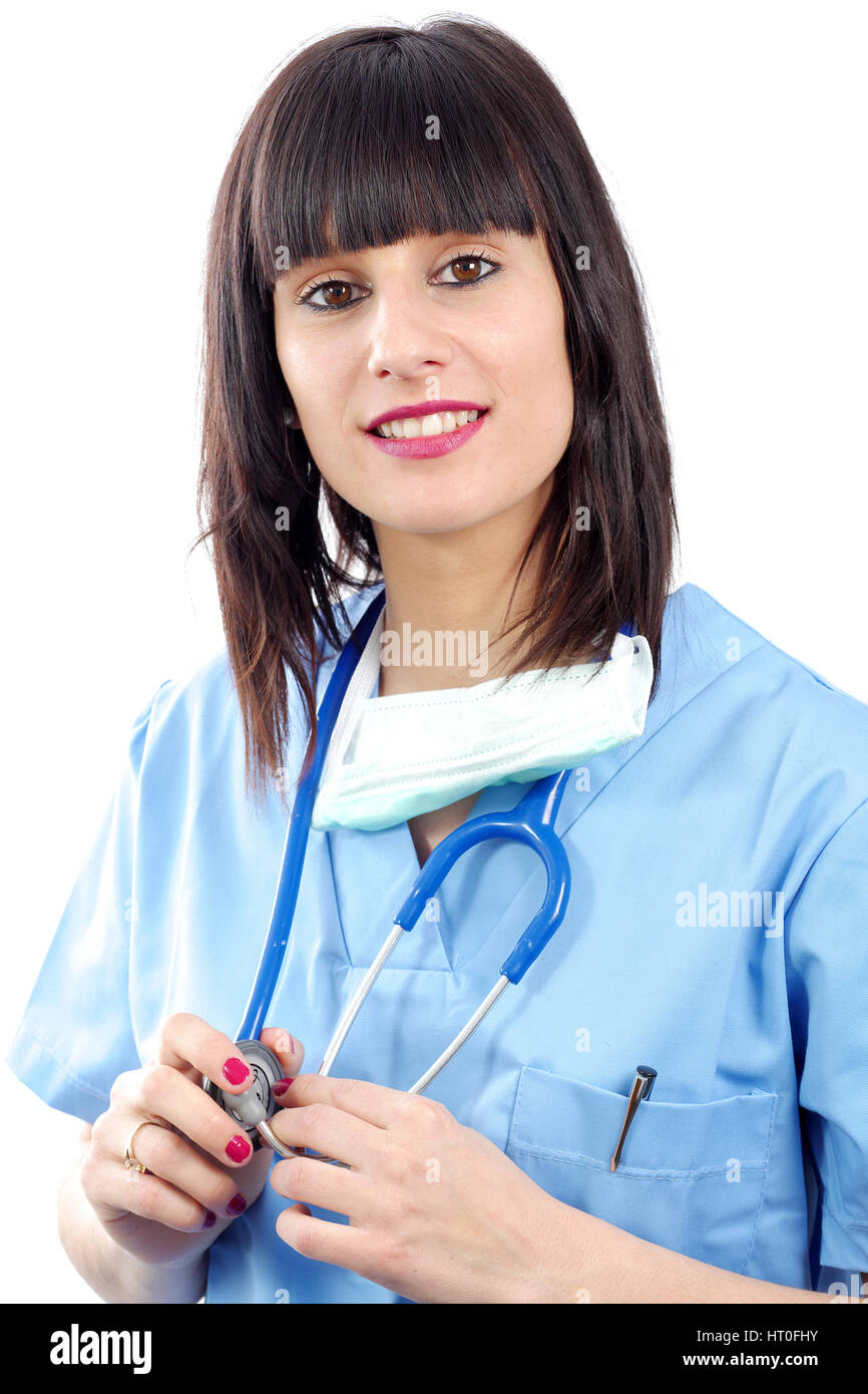 closeup portrait of young female medical isolated on white background ...