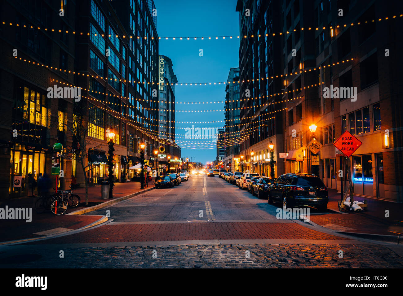 Christmas lights hanging over Aliceanna Street, in Harbor East ...