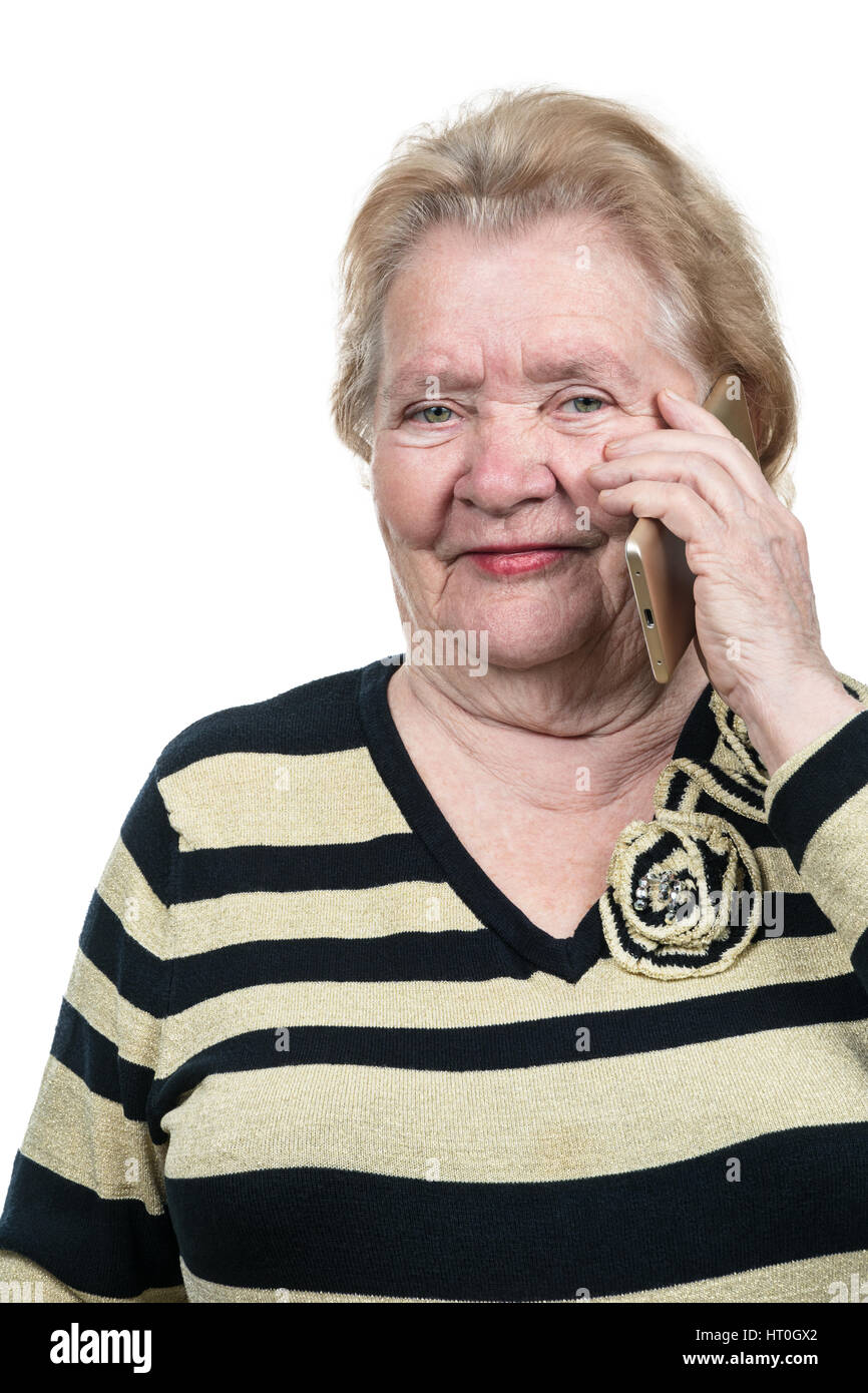 Senior woman holding smartphone talk hi-res stock photography and ...