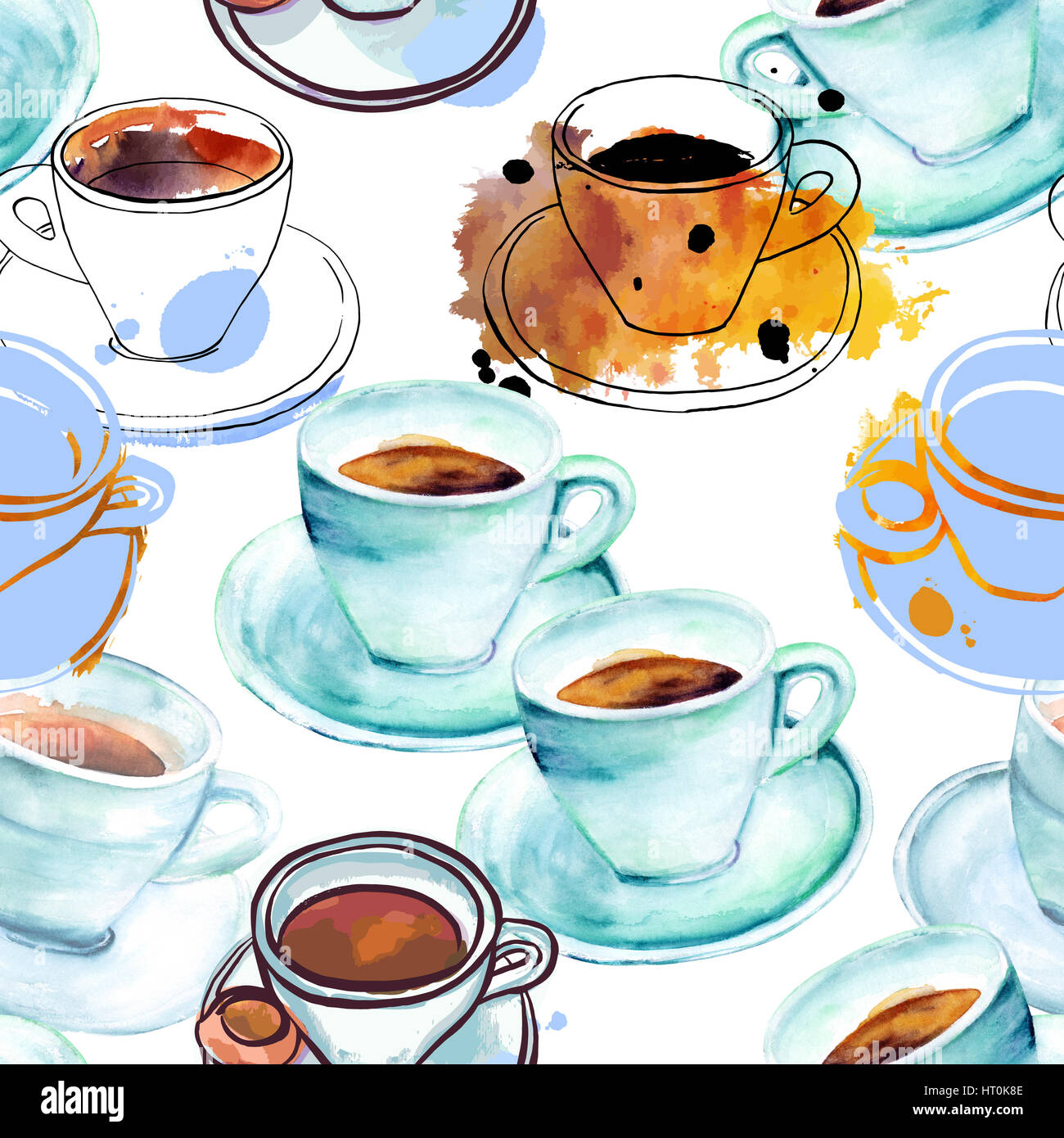 A seamless coffee pattern with freehand watercolour and ink drawings of ...