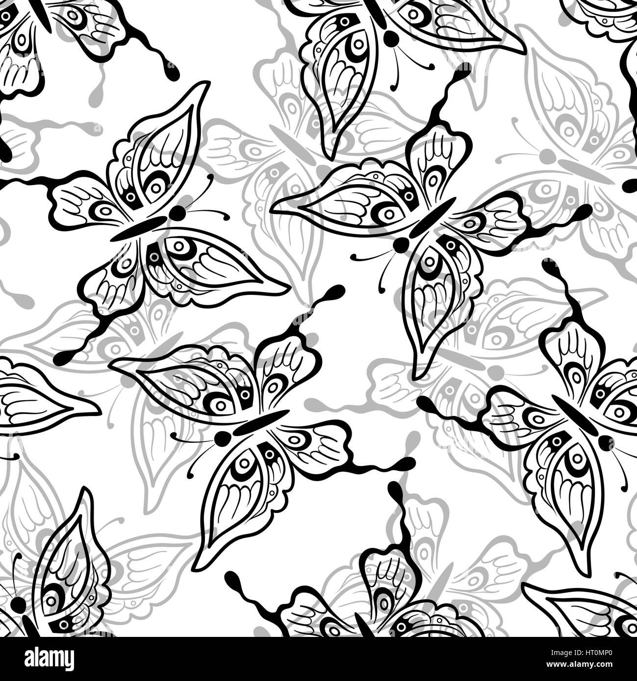 Seamless Pattern, Symbolical Butterflies Black and Grey Contours on ...