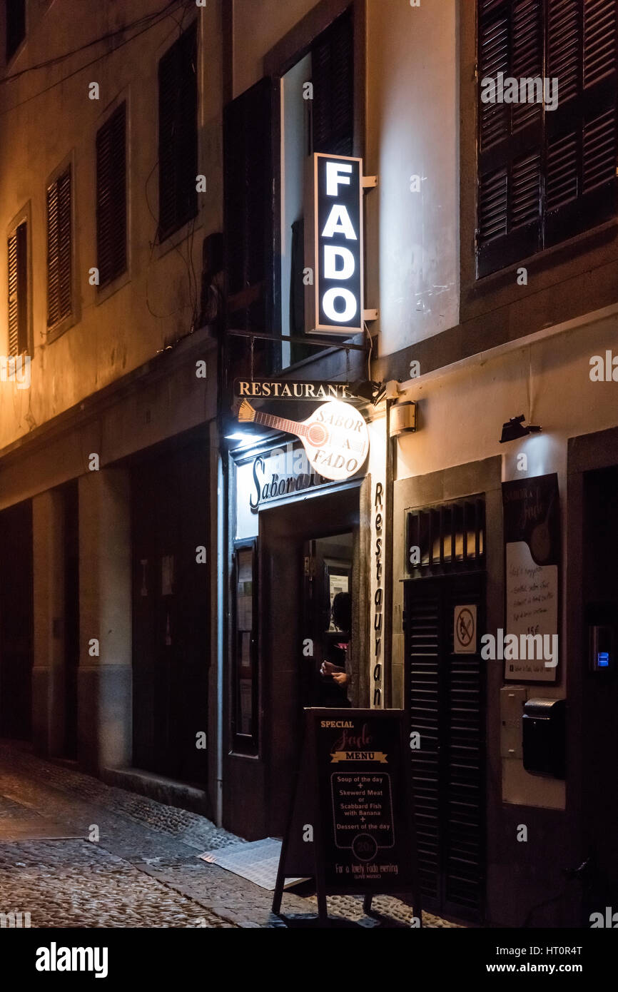 Fado restaurant at night in the Old Town of Funchal, Madeira Stock ...