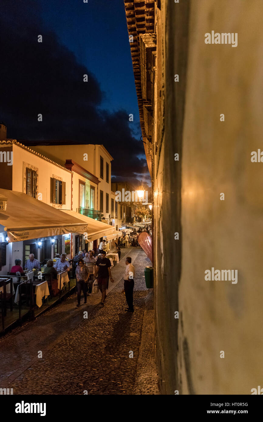 Open air restaurants at night in the Old Town of Funchal, Madeira Stock ...