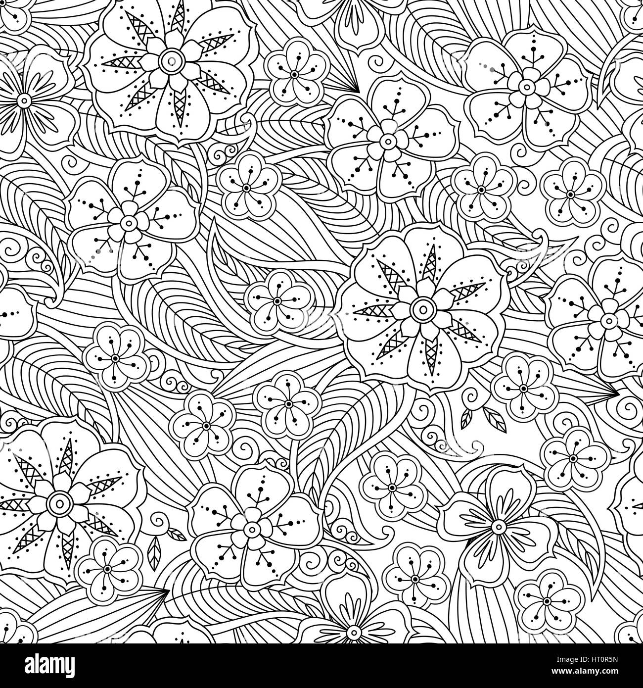 Abstract hand drawn outline seamless pattern with flowers and leafs ...