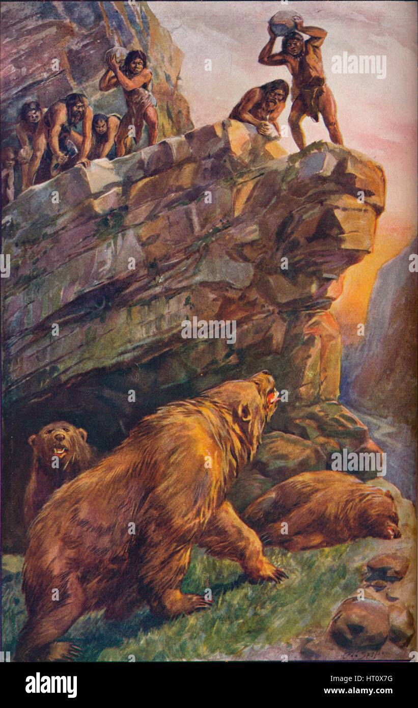 Prehistoric men attacking great cave bears, 1907. Artist: Unknown Stock Photo - Alamy