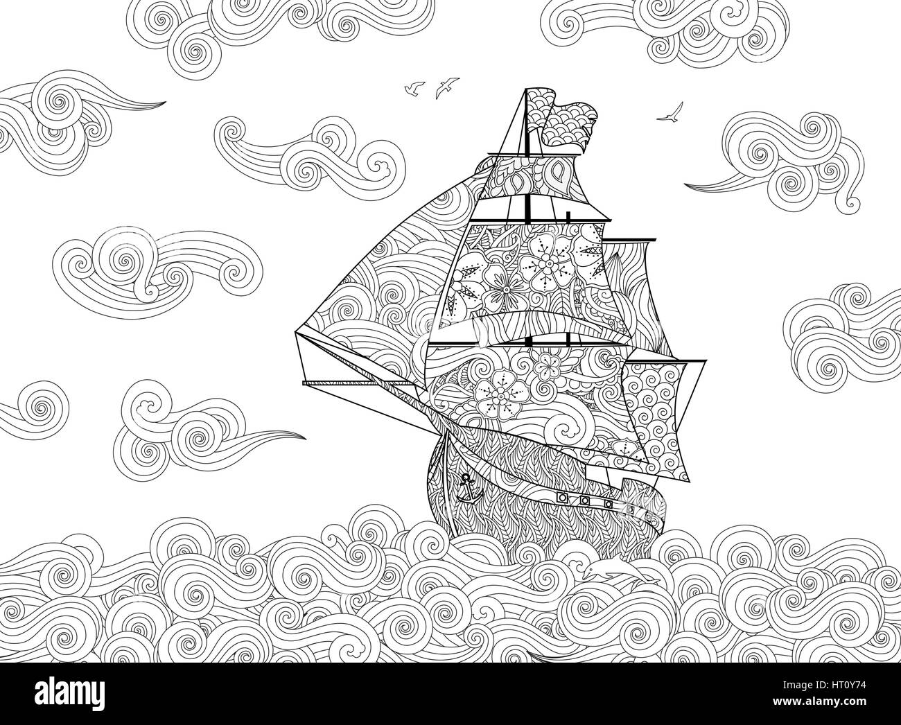 Contour image of sailing ship on the wave in zentangle inspired doodle ...