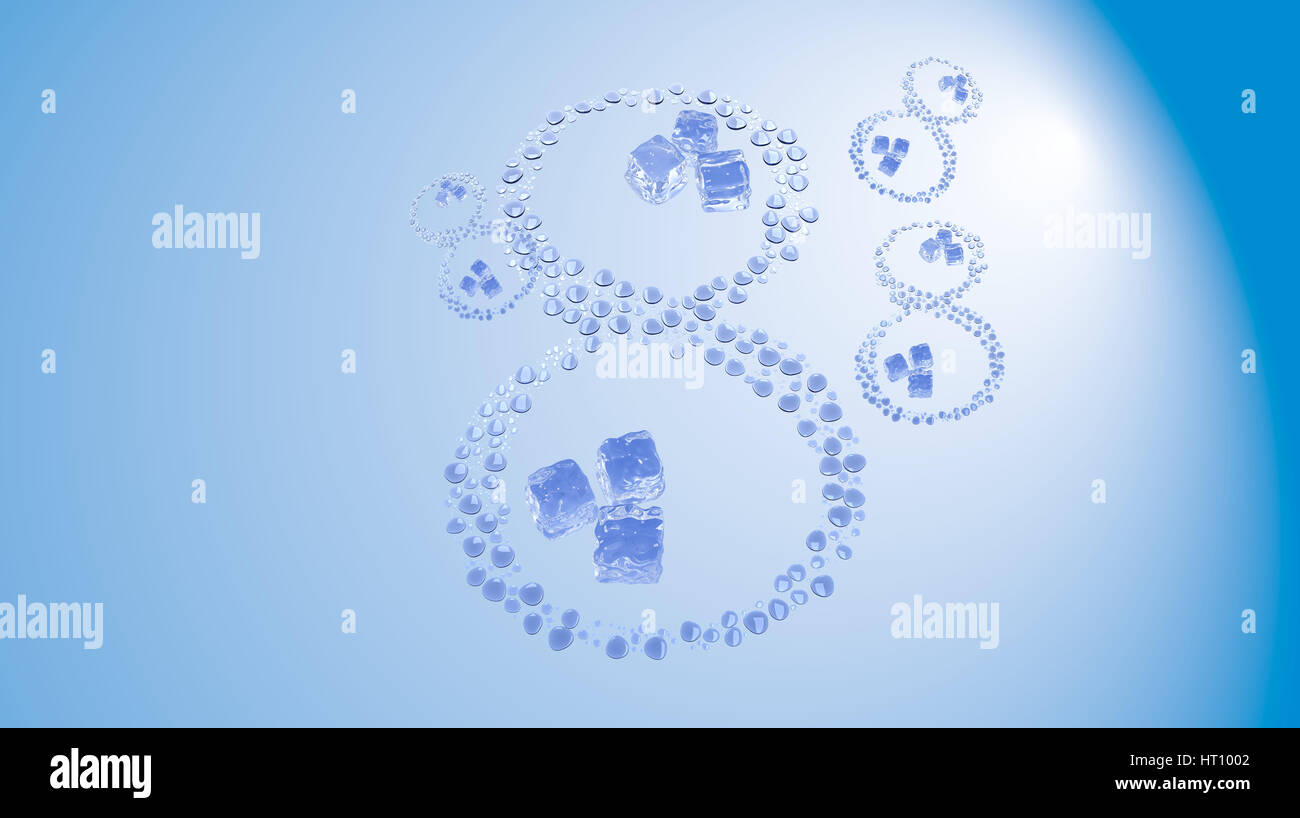 8 March. Figure of eight made of water drops with ice cubes over blue ...