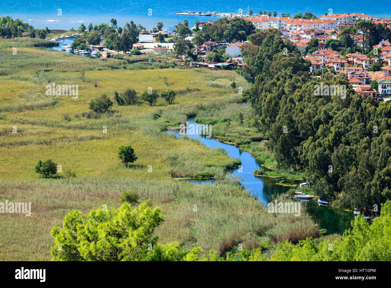 View of town of Akyaka and the Azmak River, Akyaka, Turkey Stock Photo ...