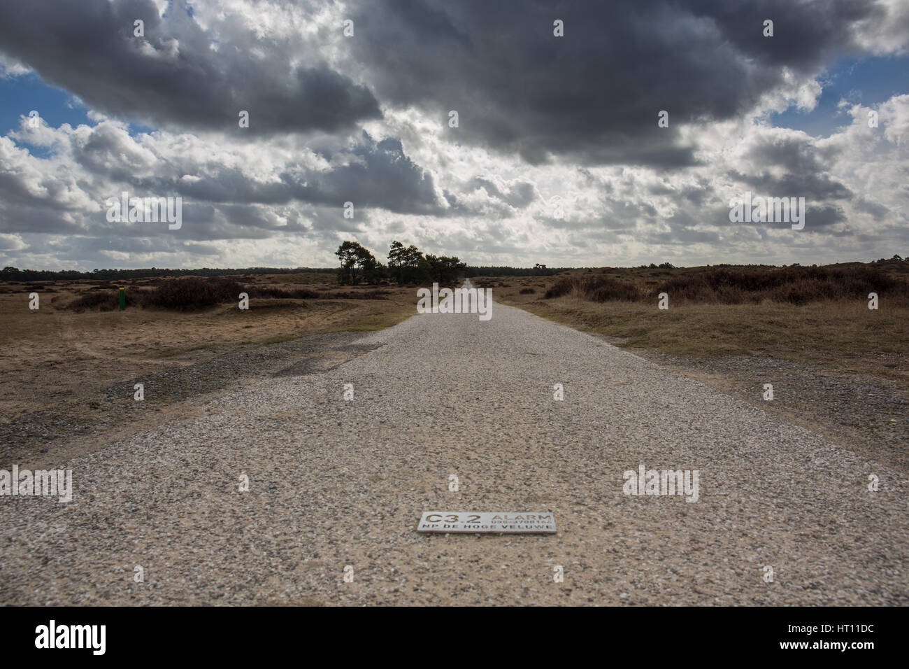 Dark clouds above a bike path in National Park Hoge Veluwe in the ...