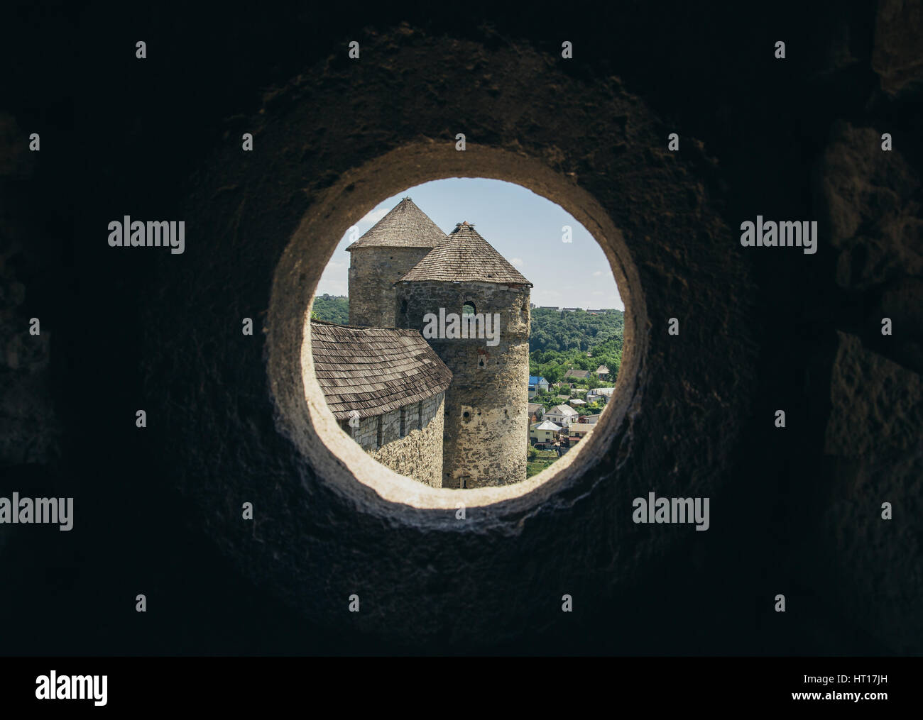 old stone tower. view from the round window Stock Photo - Alamy