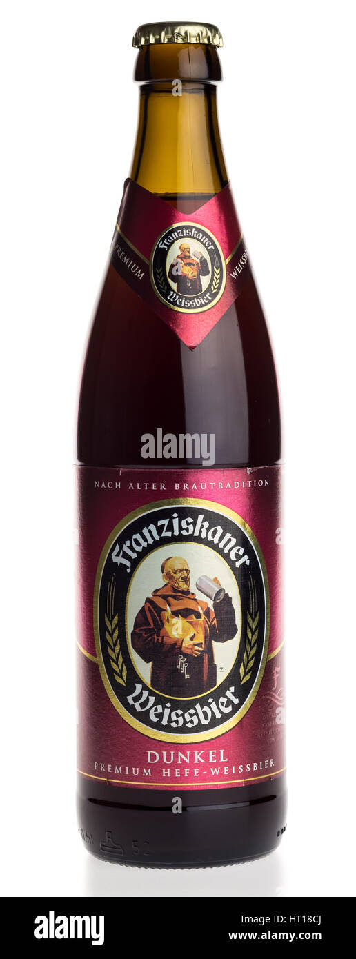 Bottle of German Franziskaner Dunkel wheat beer, isolated on a white ...