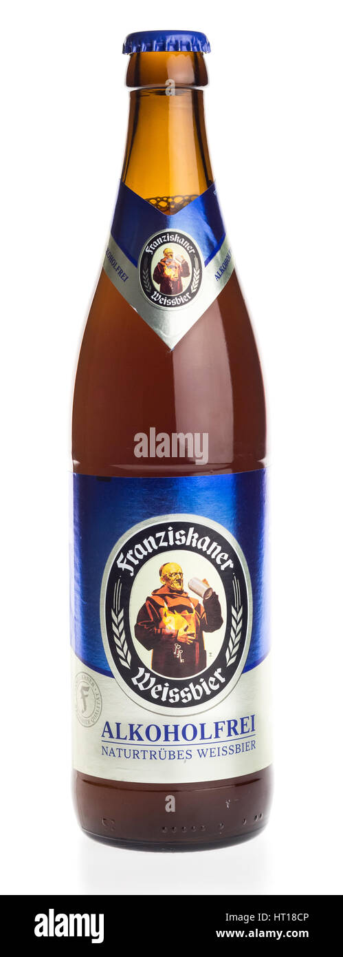 Bottle of German Franziskaner non alcoholic wheat beer, isolated on a ...