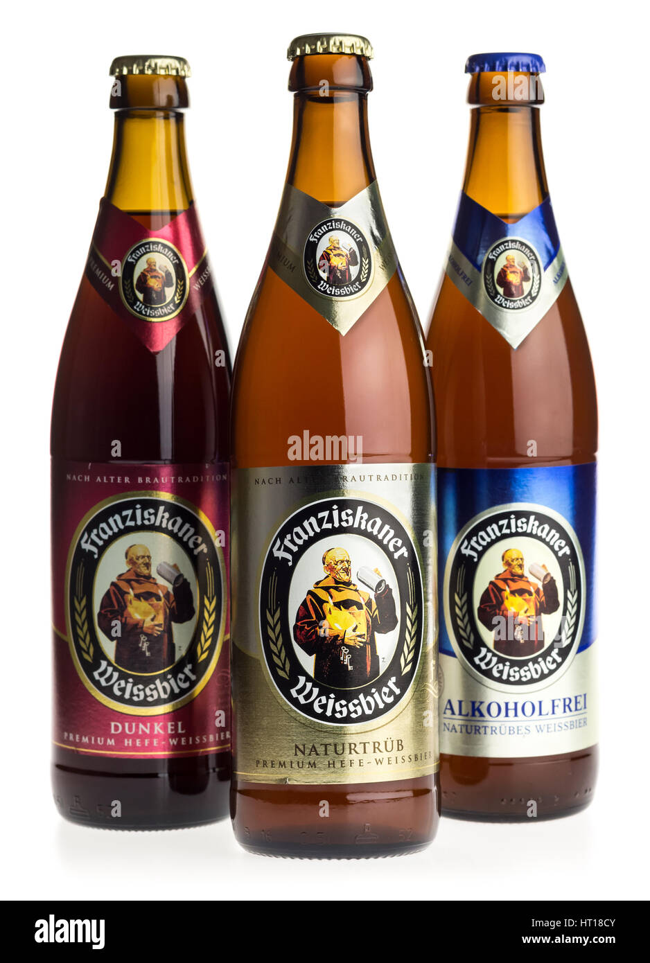 Bottles of German Franziskaner wheat beer, isolated on a white ...