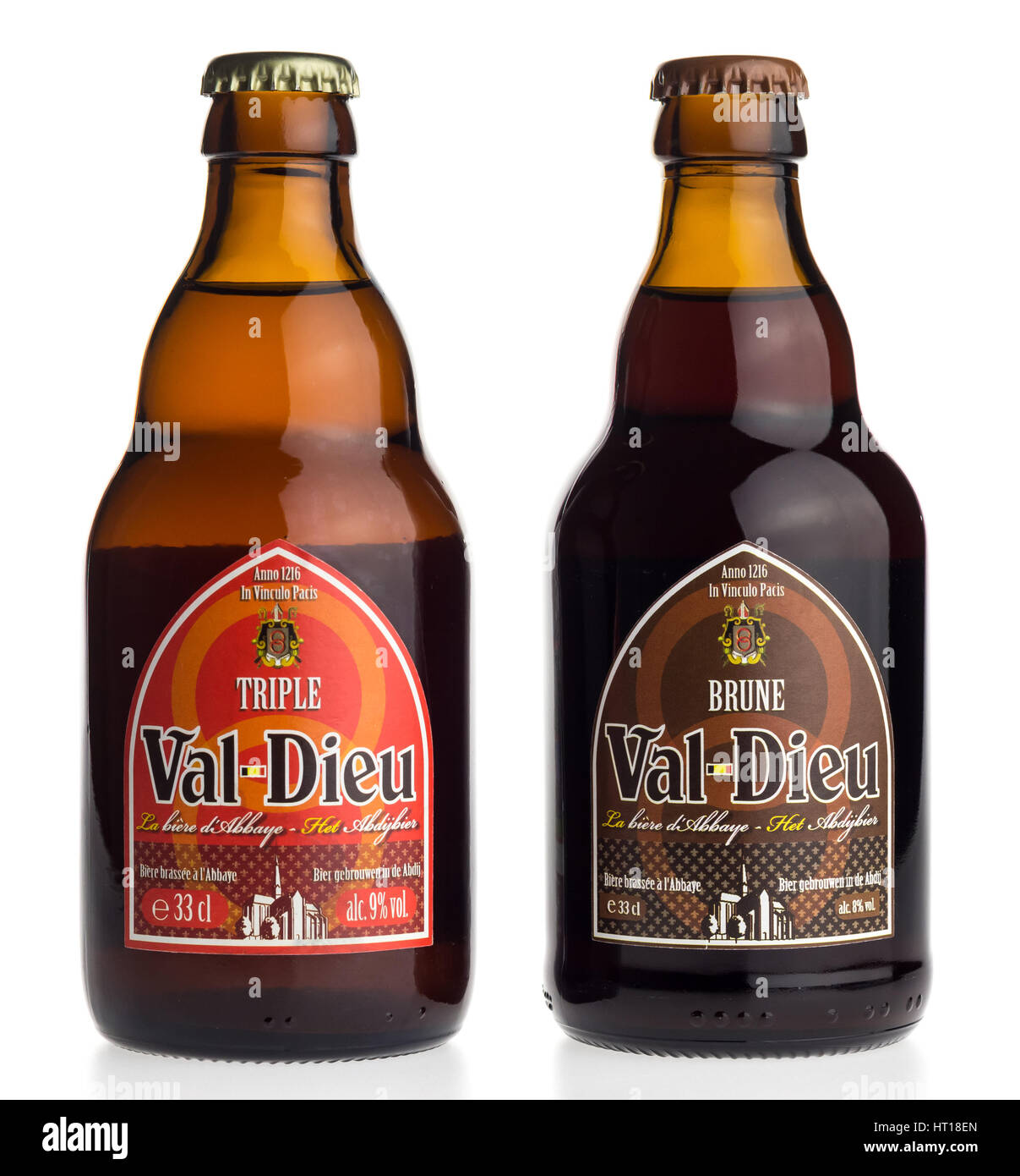 Bottle of Belgian Val Dieu Brune and Triple beer isolated on a white ...