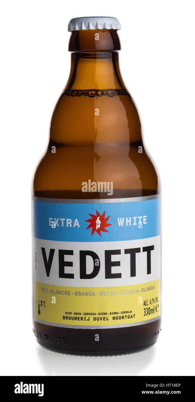 Bottle of Belgian Vedett Extra White beer isolated on a white ...