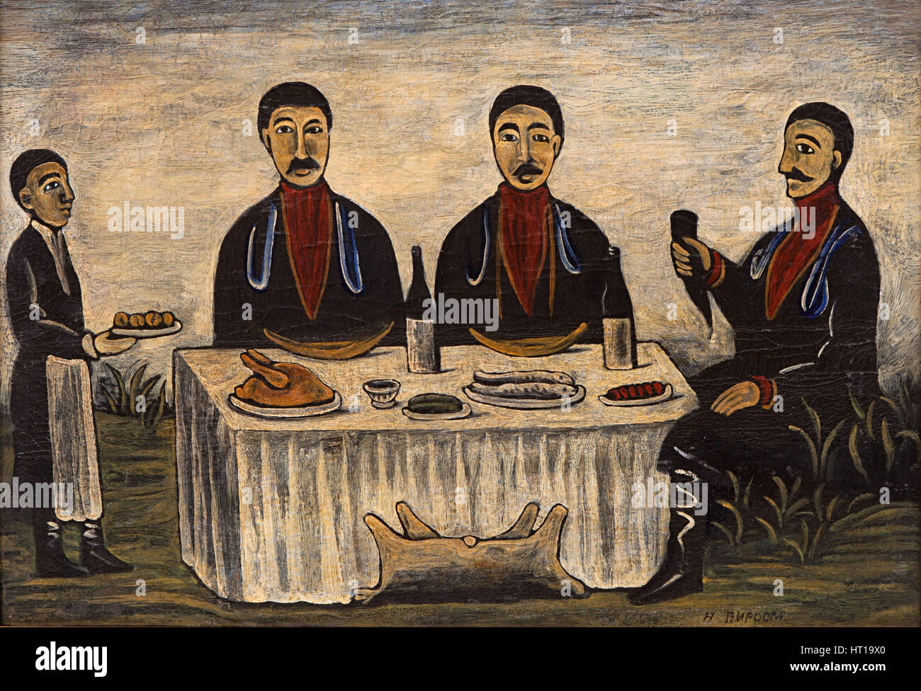 Three Men at Dinner, 1900s. Artist: Pirosmani, Niko (1862-1918 Stock ...