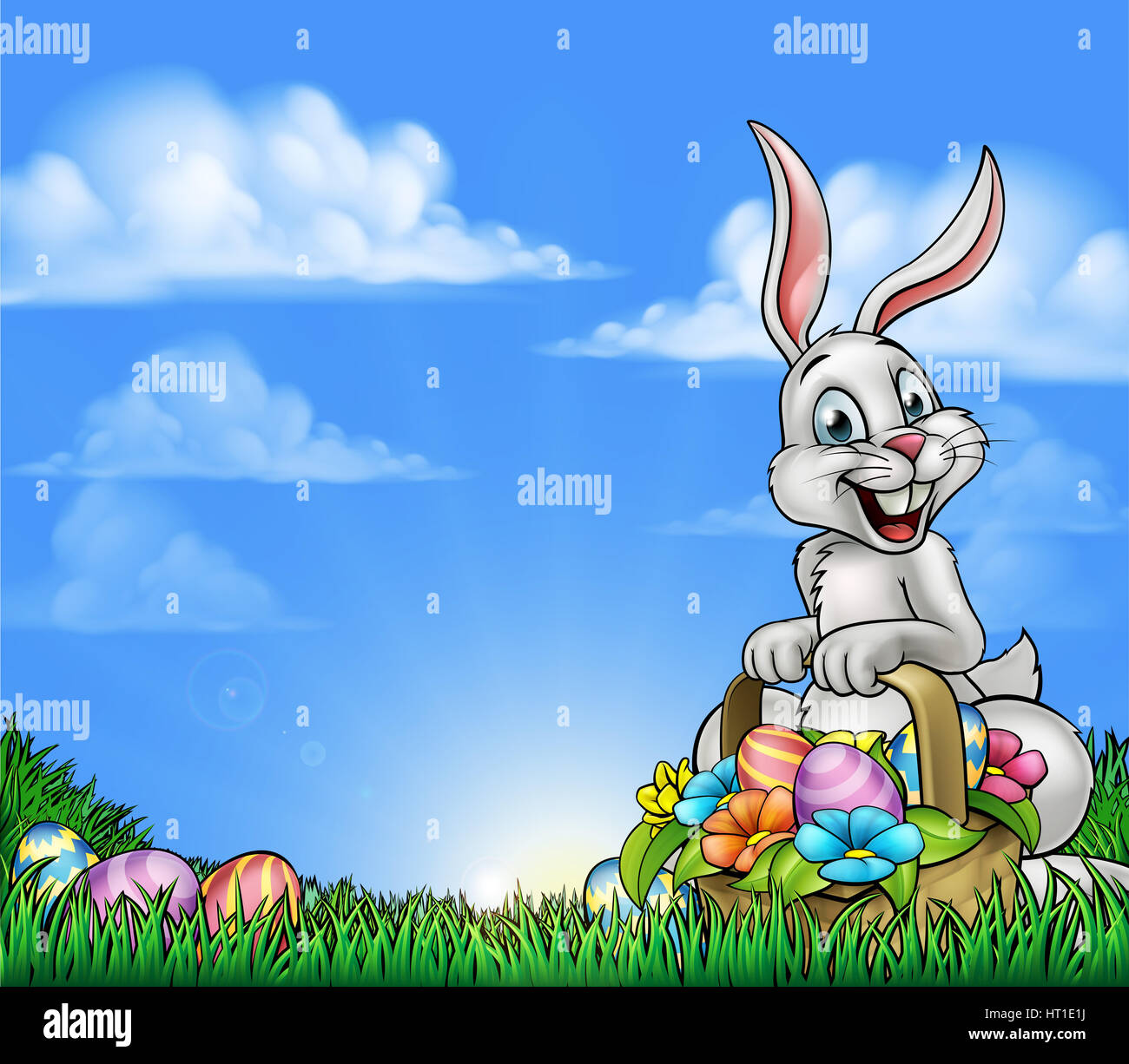 An Easter background cartoon with a bunny holding a basket full of ...