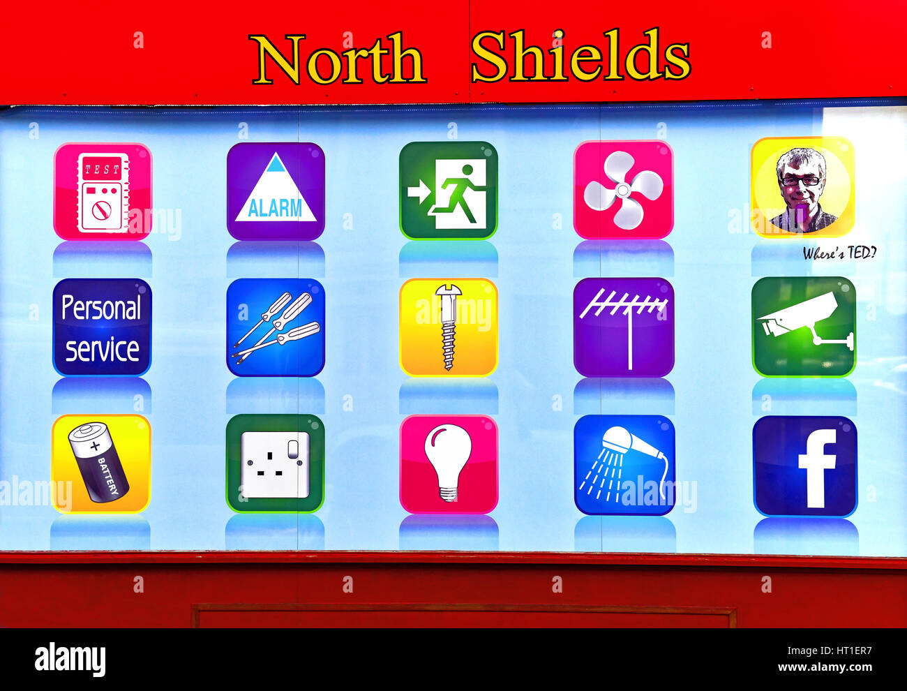 Shop advertising display in North Shields Stock Photo - Alamy