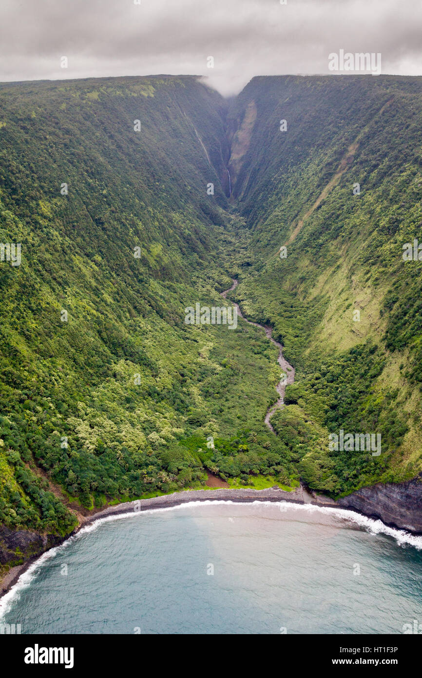 Aerial view of the Honopue Valley on the east coast of Big Island ...