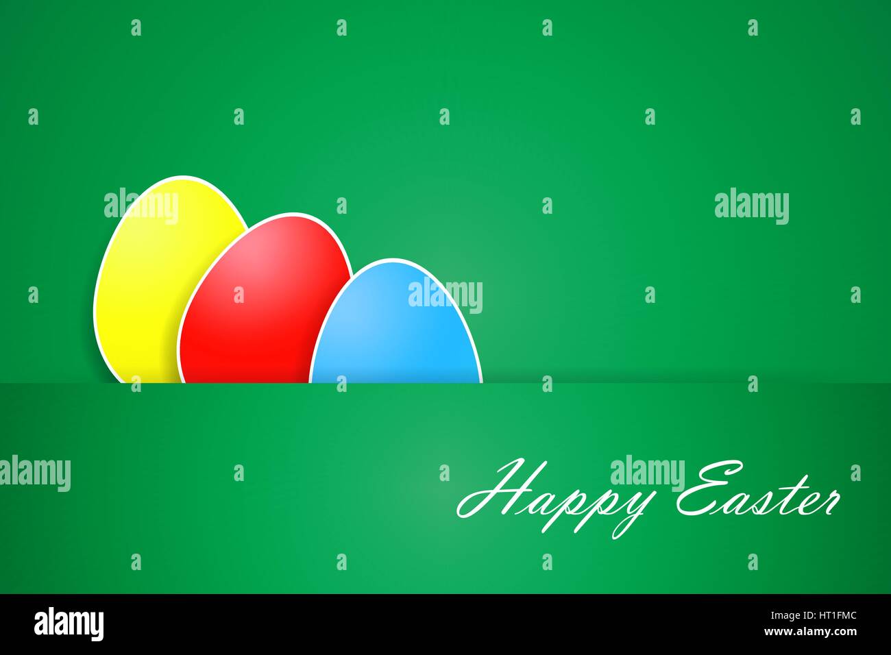 Yellow, red and blue eggs with white borders are lying behind the ...