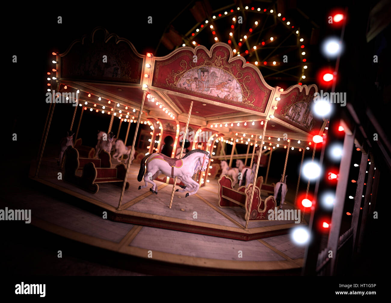 3D rendering of a night carnival scene, carousel Stock Photo - Alamy