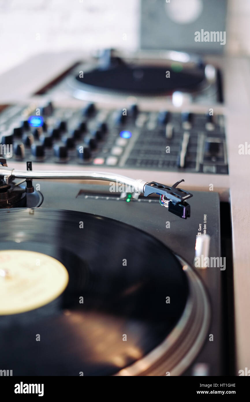 Double turntable with mixing console Stock Photo - Alamy