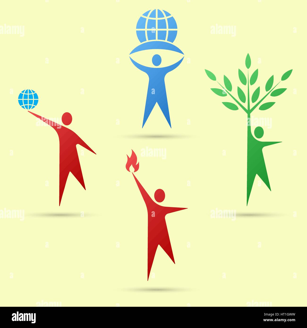 Set of logos with a silhouette of the person. Fire. Earth. Tree. Vector ...