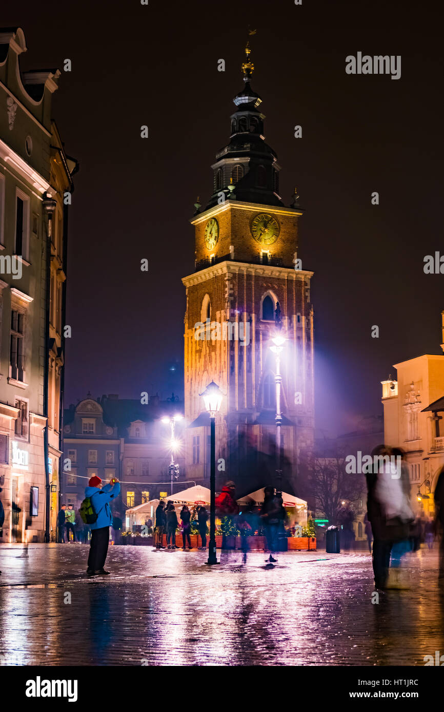 Night street in the Krakow, Poland. Colorful night illumination ...